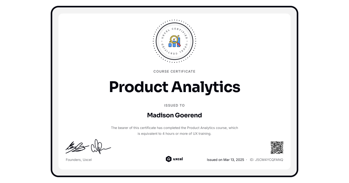 Certificate of completion for Product Analytics | Uxcel